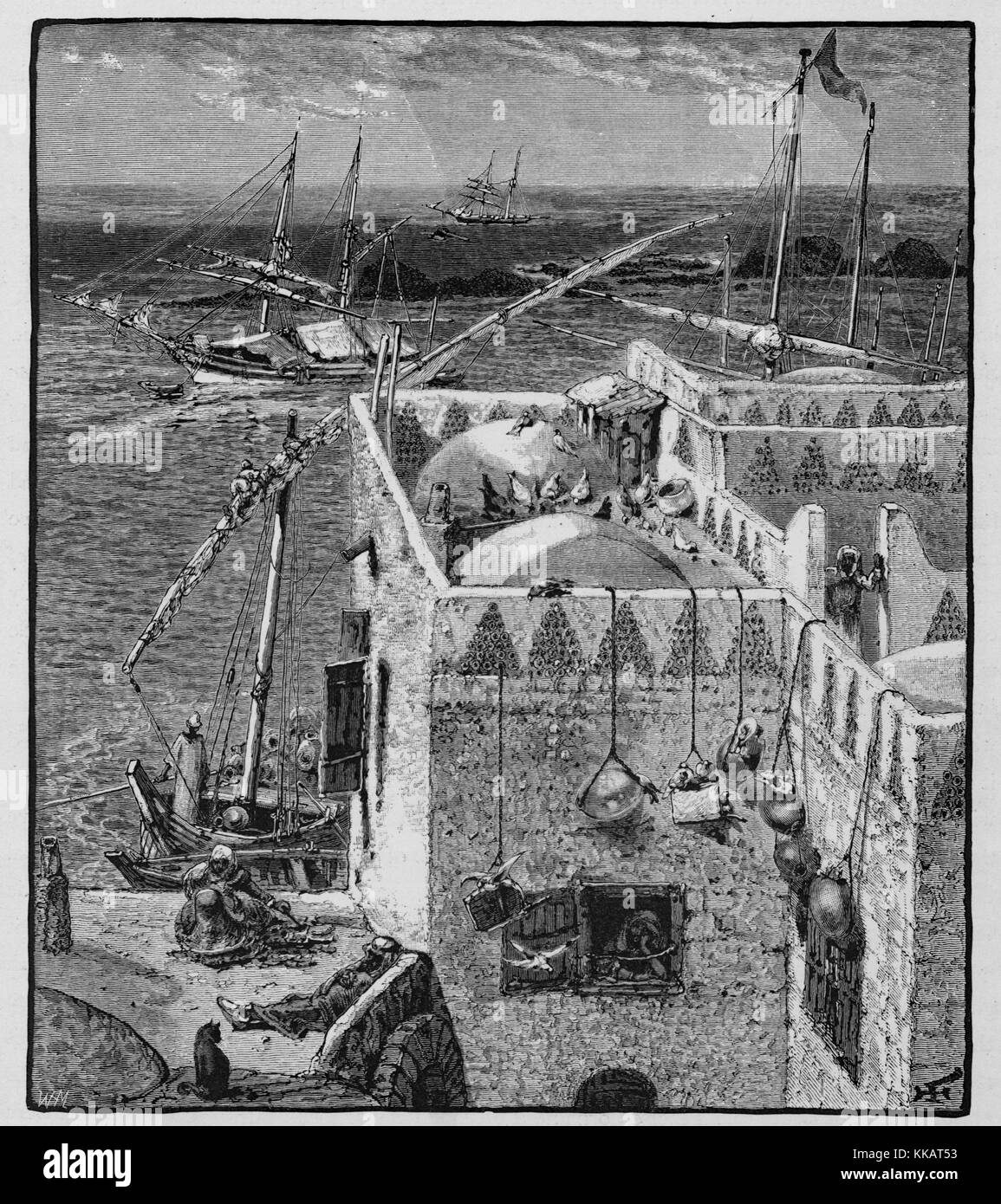 An engraving depicting a view of the harbor at Jaffa, as seen from the ...