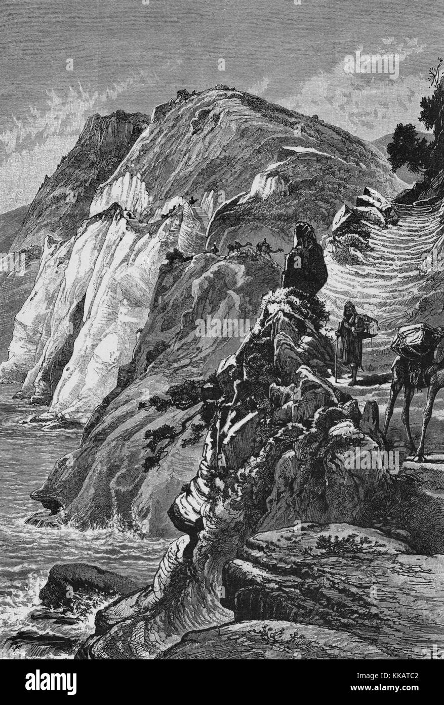 A depiction of the Ladder of Tyre as viewed from the south side, a rock ...