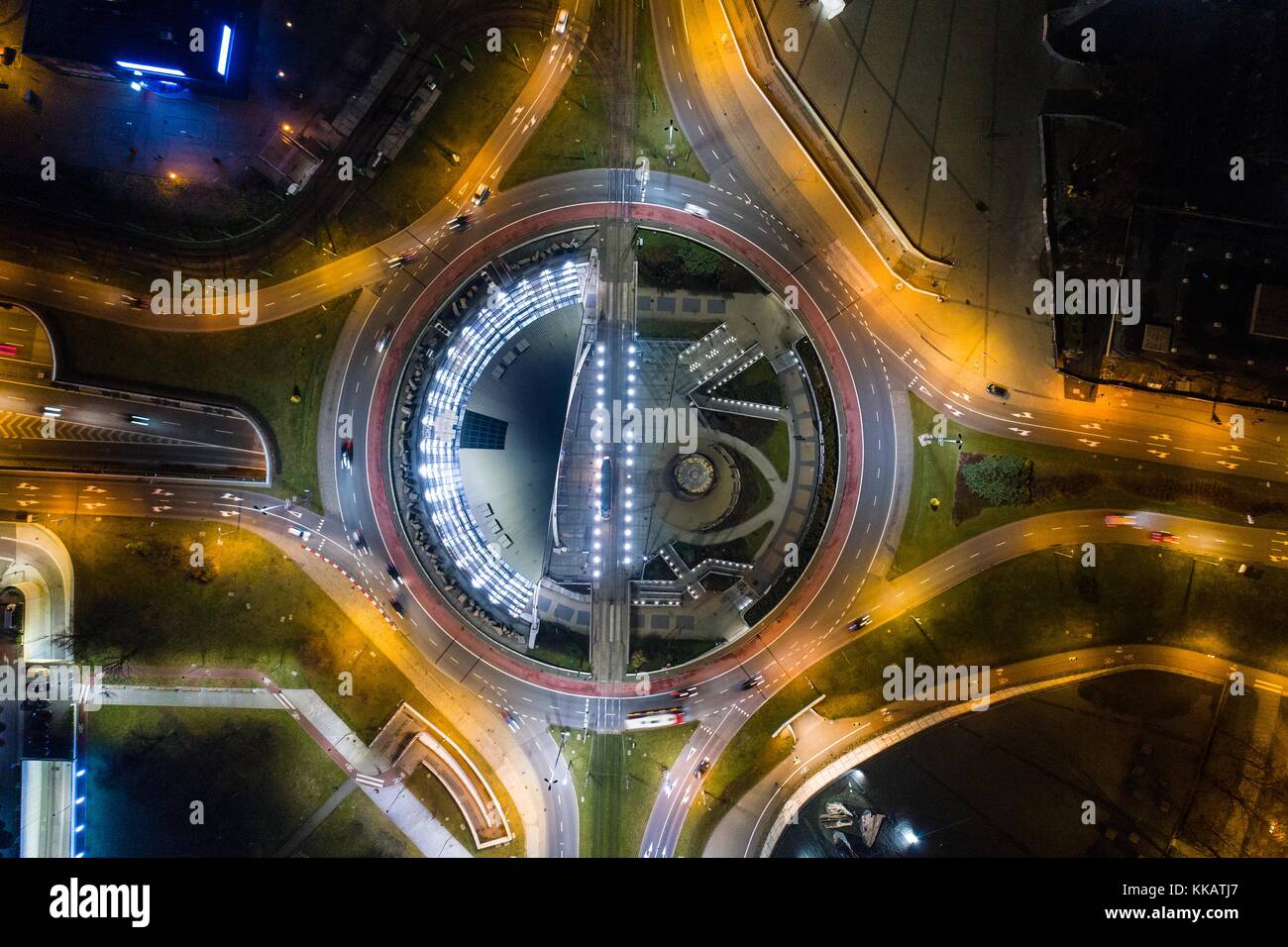Aerial drone view of roundabout in Katowice at night. Silesia, Poland ...