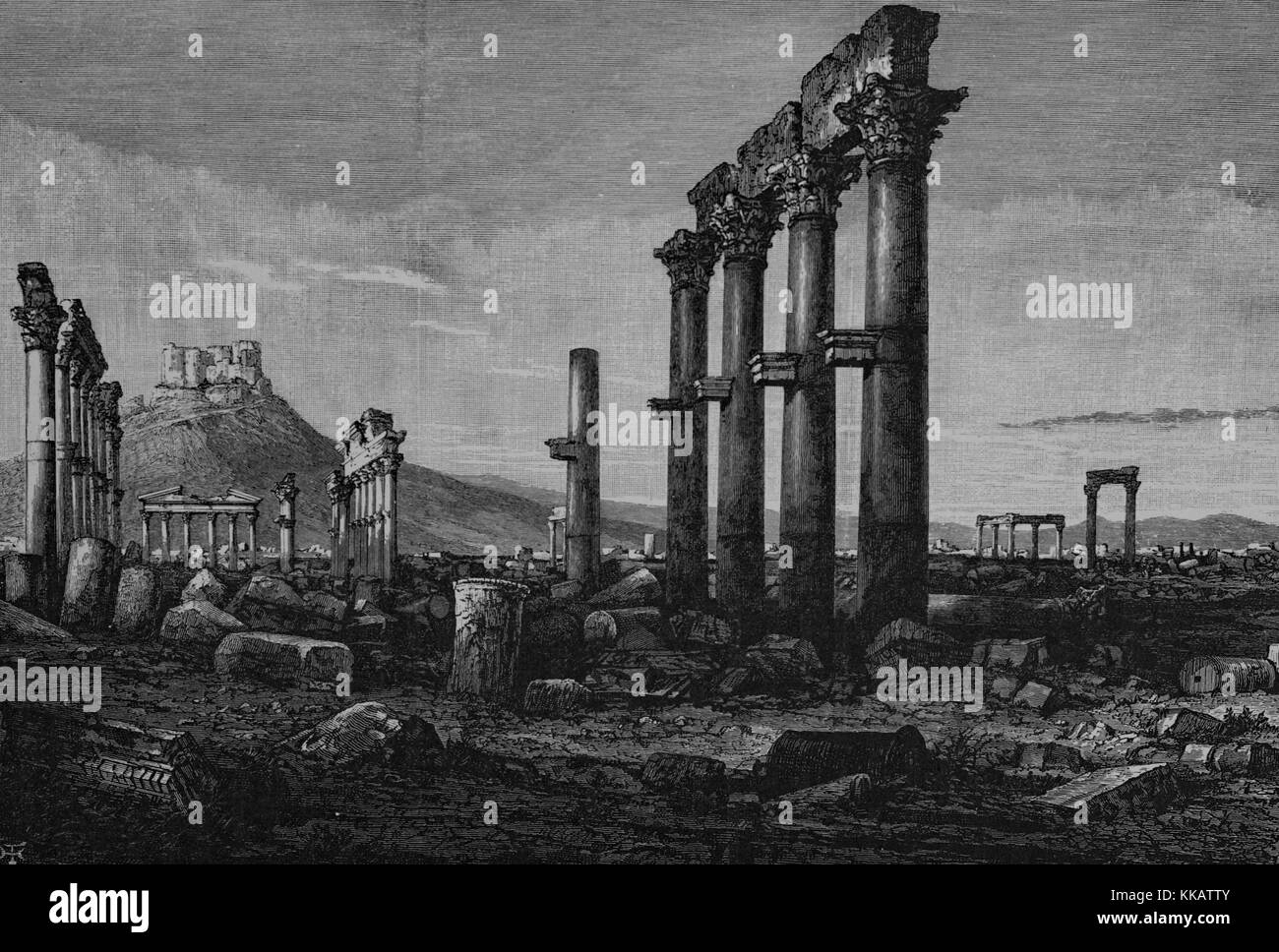 Wood engraving depicting columns and stone ruins, a castle at the top ...