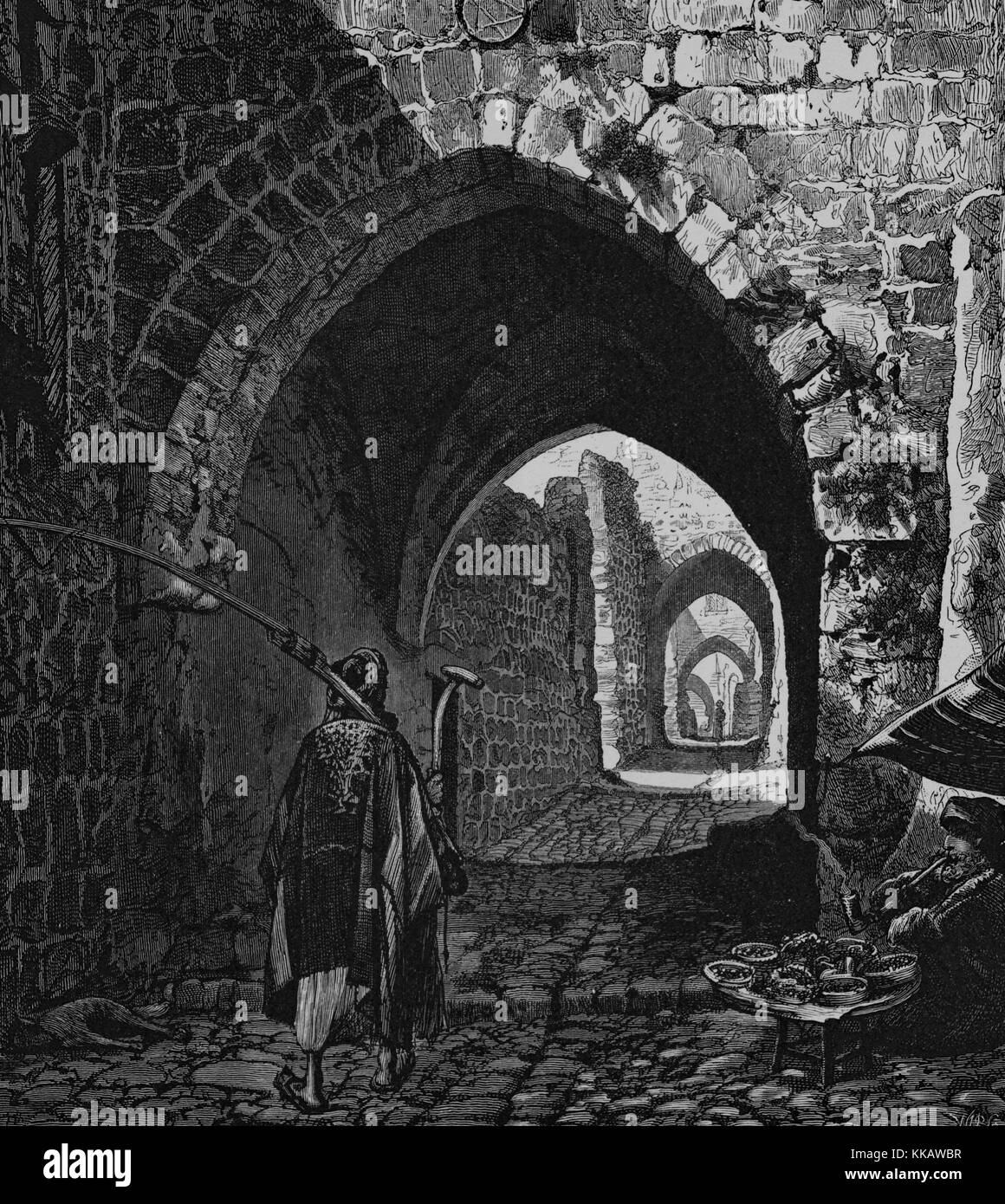 An engraving depicting a peasant walking up the street near the House ...