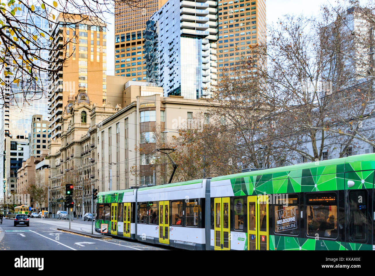 Australia, Melbourne, Spring Street, Victoria, green tram Stock Photo ...