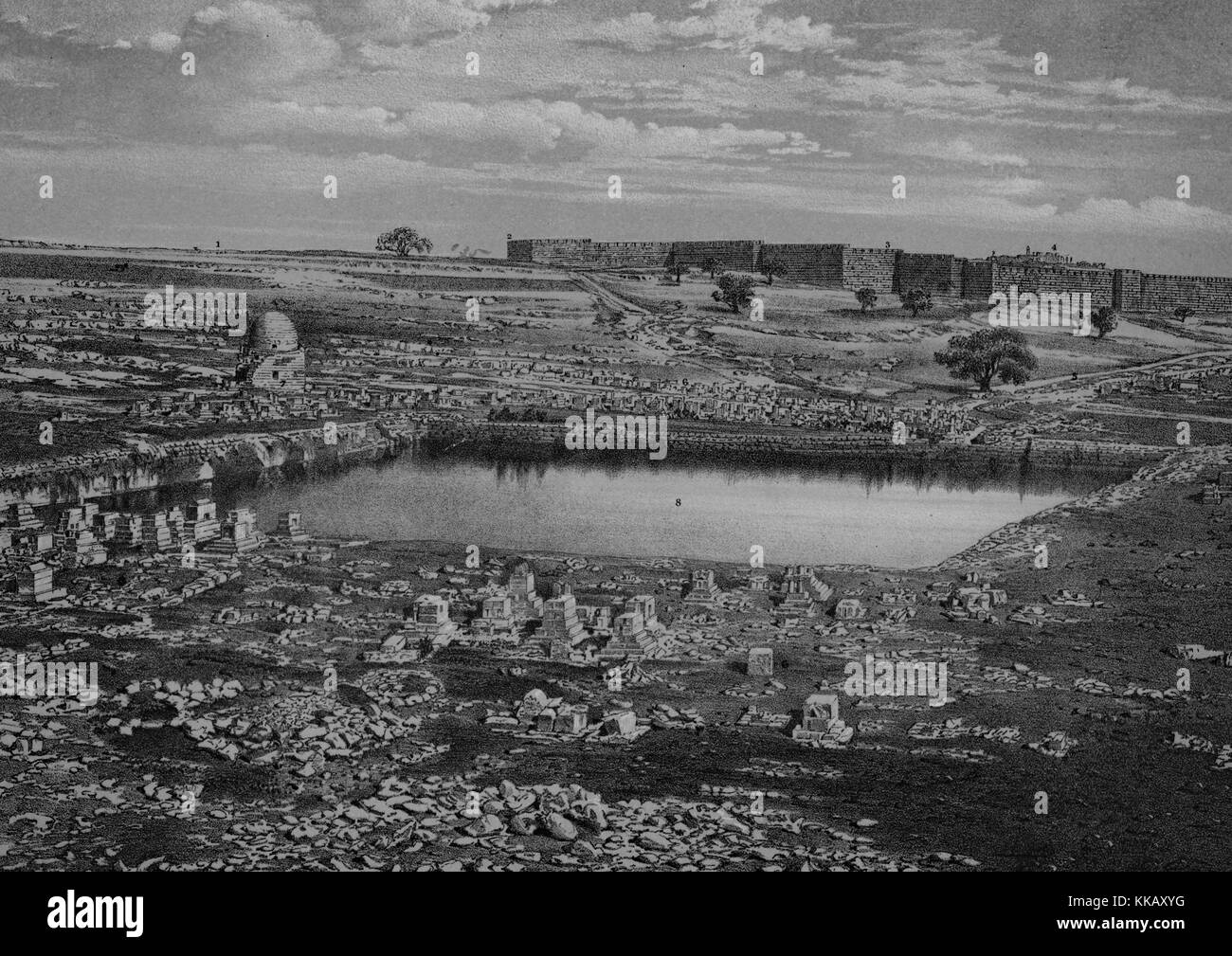 Wood engraving depicting a large pool, stone ruins around it, large ...