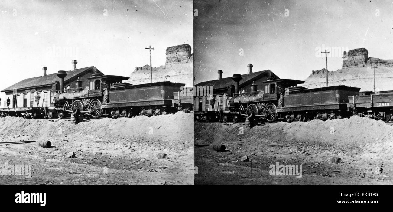 Stereograph of a train at Green River Station, Sweetwater County ...
