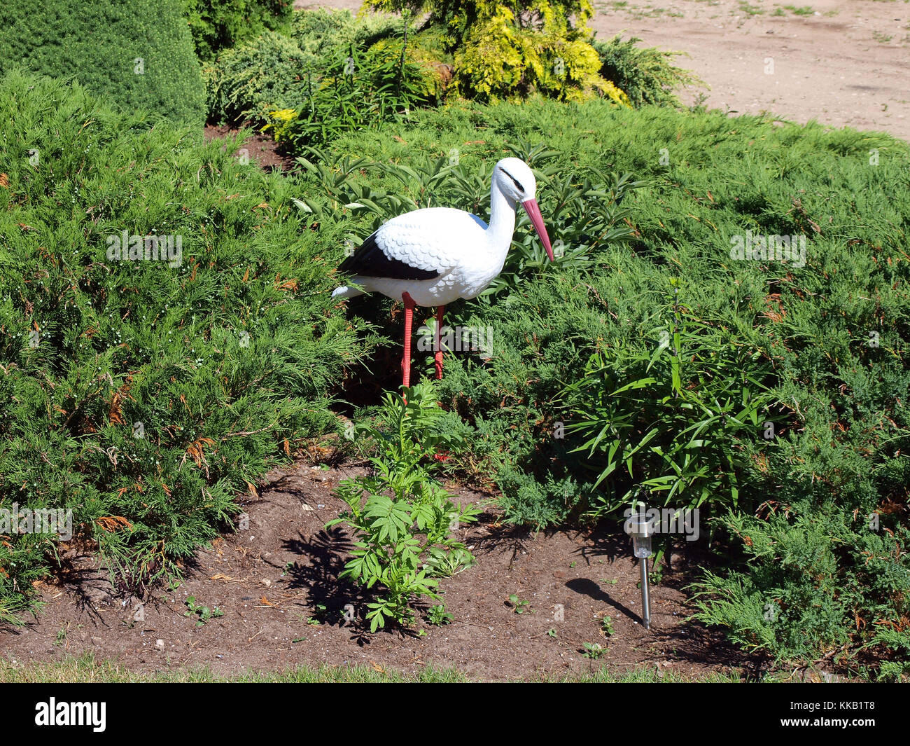 Decorative artificial plastic toy bird stork in flower bed Stock Photo ...
