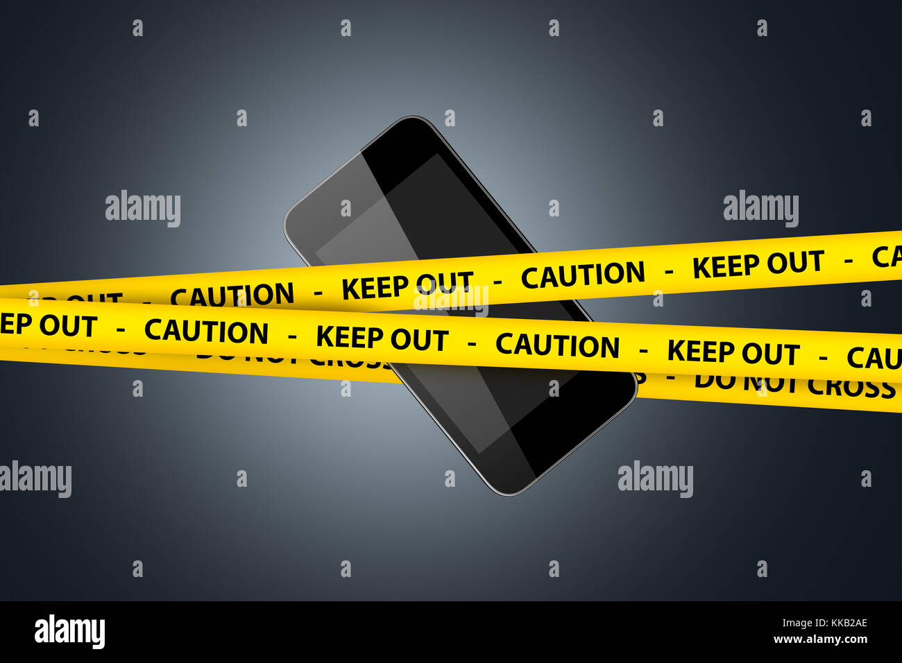 Illustrative black smart mobile phone surrounded with yellow caution ...