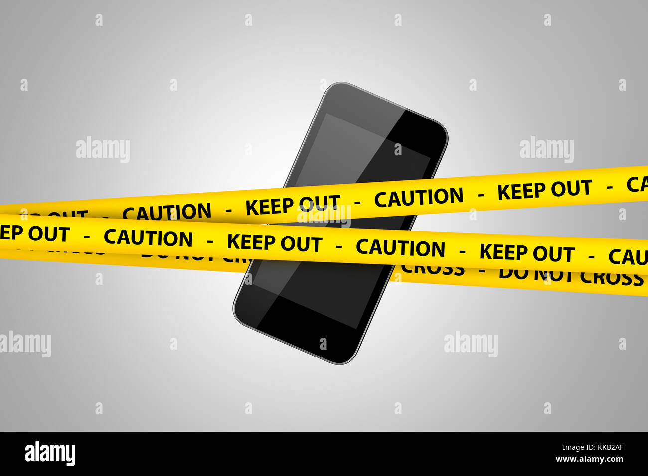 Illustrative black smart mobile phone surrounded with yellow caution ...