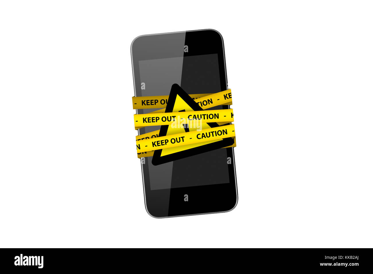 Illustrative black smart mobile phone surrounded with yellow caution ...