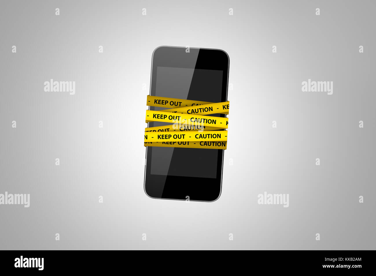 Illustrative black smart mobile phone surrounded with yellow caution ...
