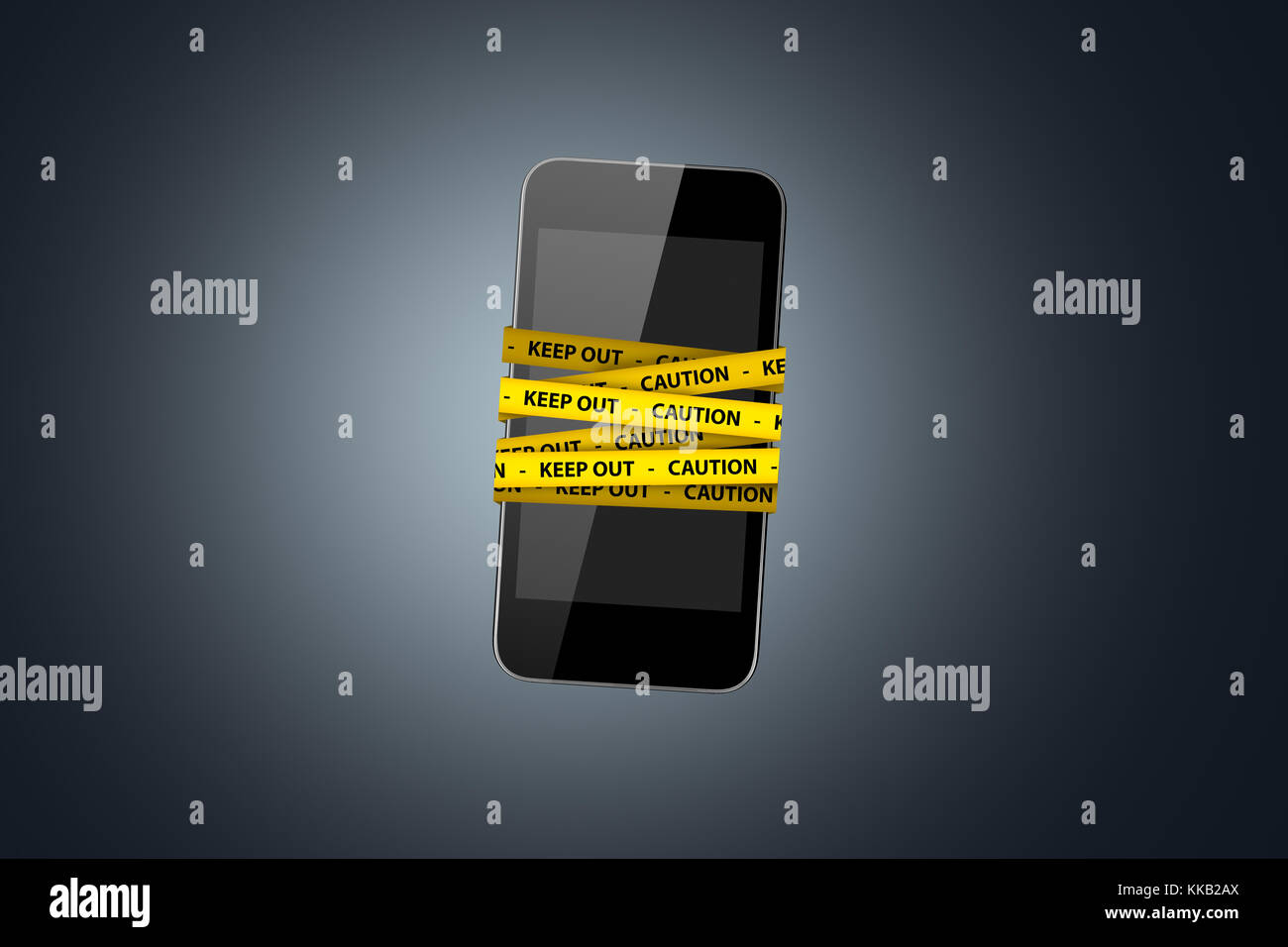 Illustrative black smart mobile phone surrounded with yellow caution ...