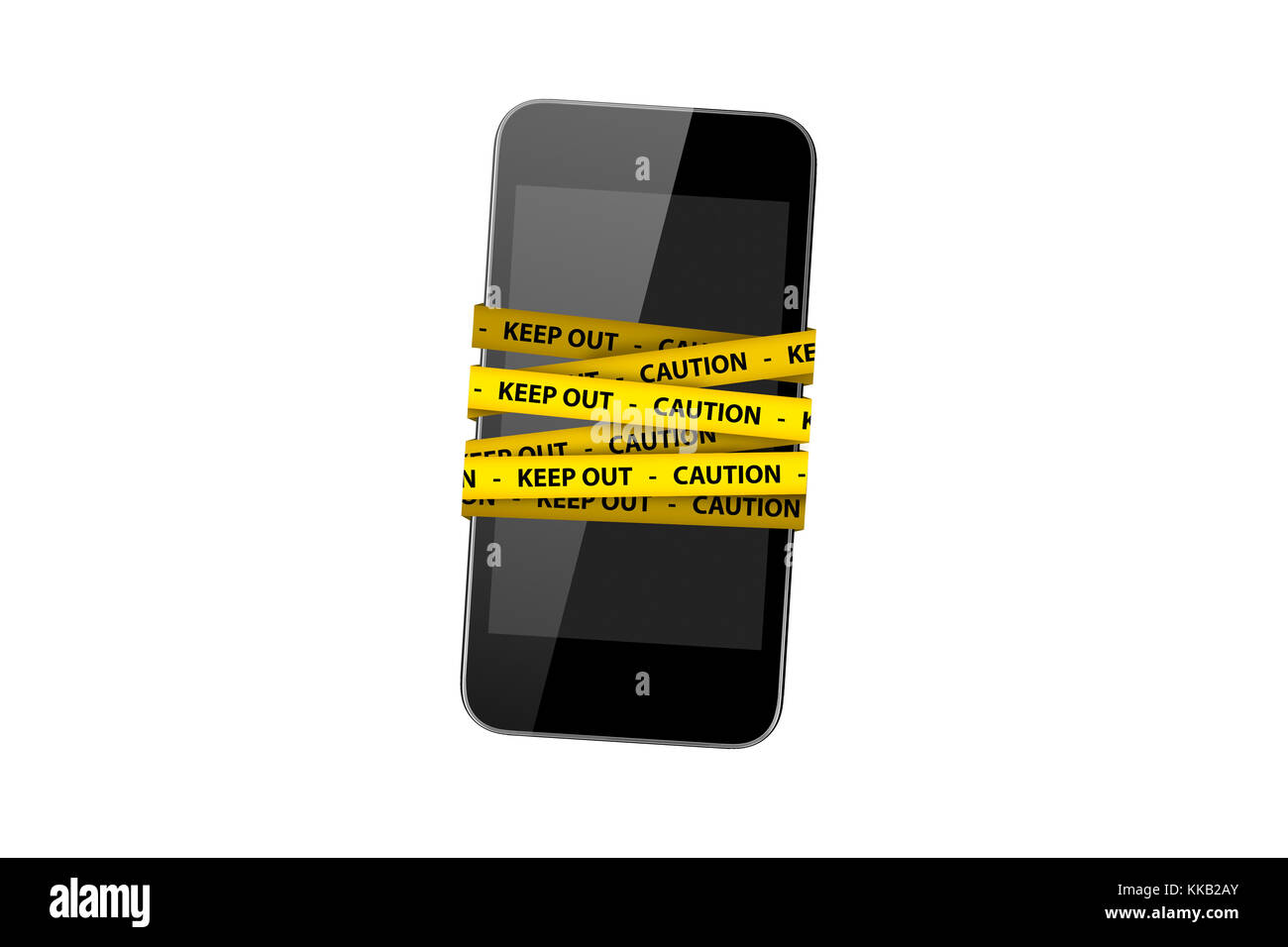 Illustrative black smart mobile phone surrounded with yellow caution ...