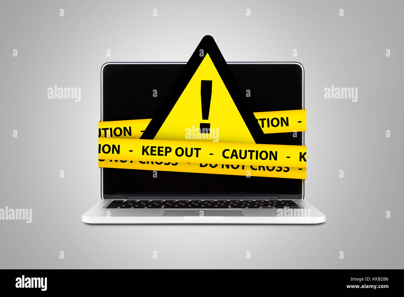 Yellow triangle warning sign with exclamation mark and caution tapes on ...