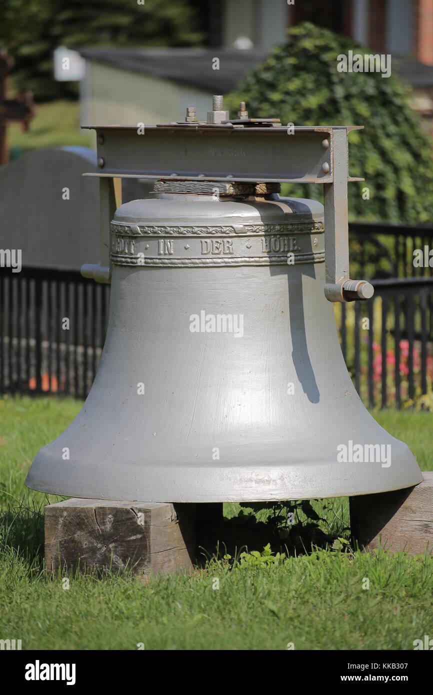 Historic church bell from 1924 on the cemetery of Kroeslin, Germany ...