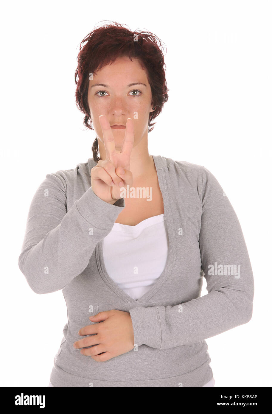 beauty young deaf person hand demonstrating, "V" in the alphabet of ...