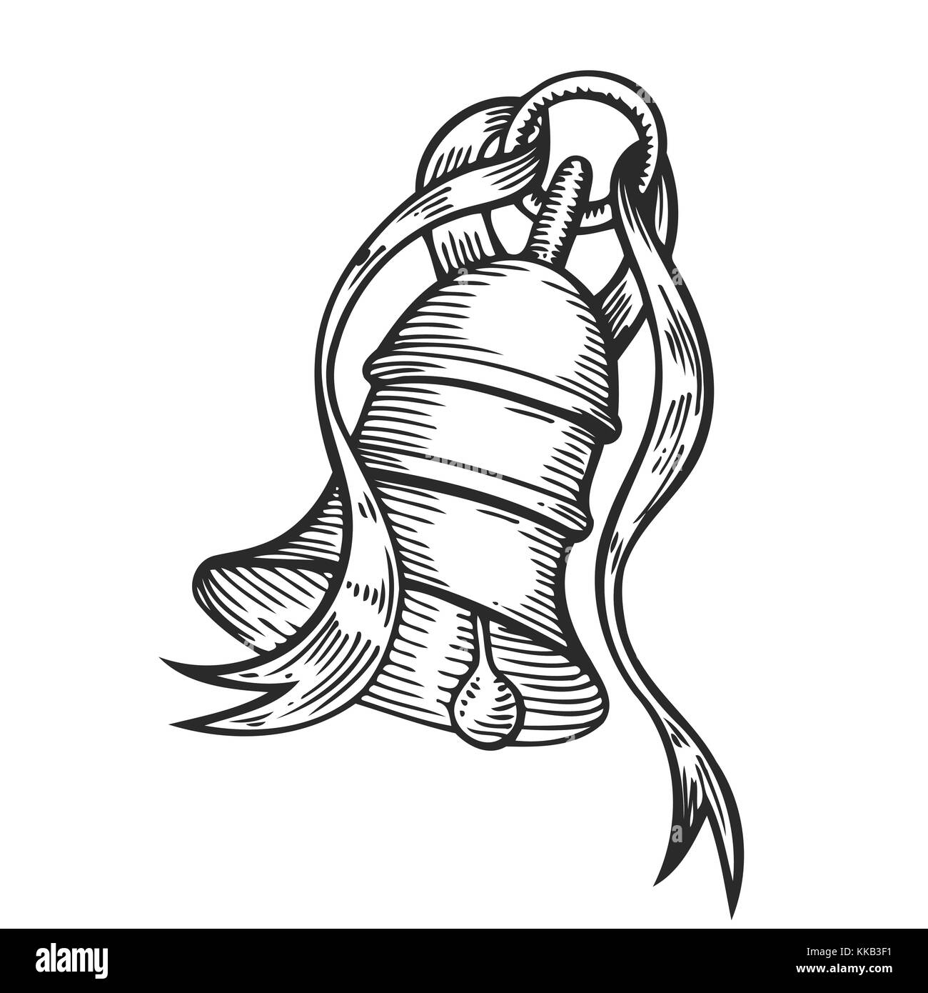 Hand drawn engraving bell with red bow. Christmas plant retro vintage ...