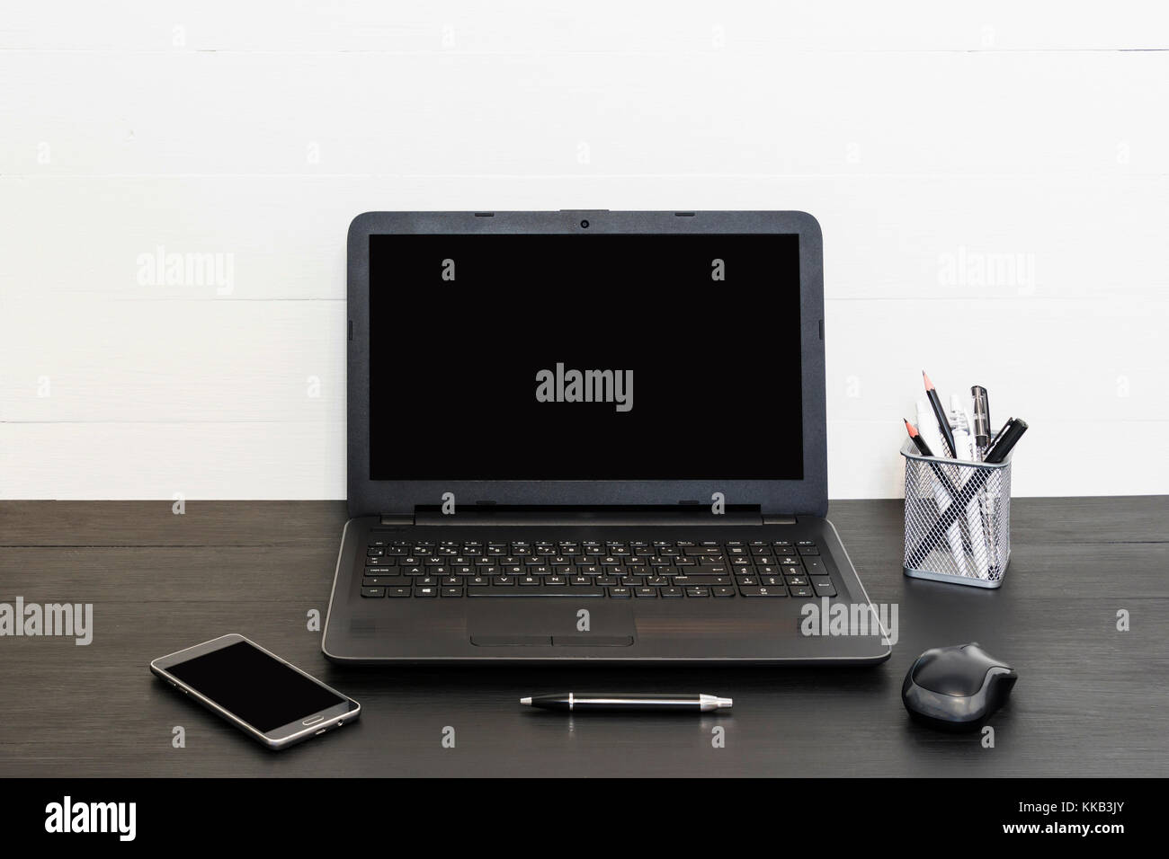 Work space template. Office table desk with computer, phone, pen on ...