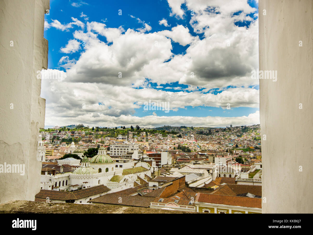 QUITO, ECUADOR - MAY 06 2016: Top view of the colonial town with some ...