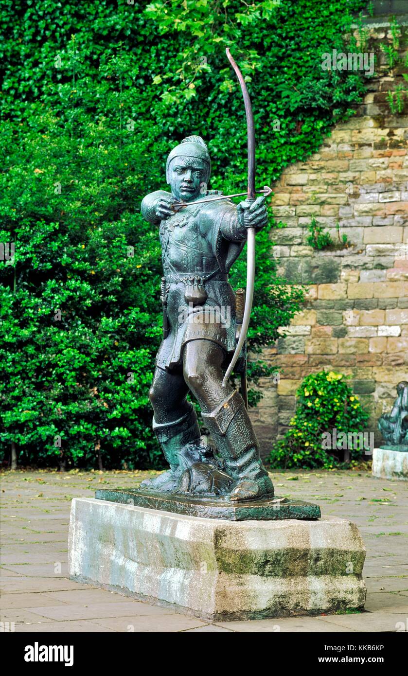Robin Hood statue under Nottingham Castle walls in city of Nottingham ...