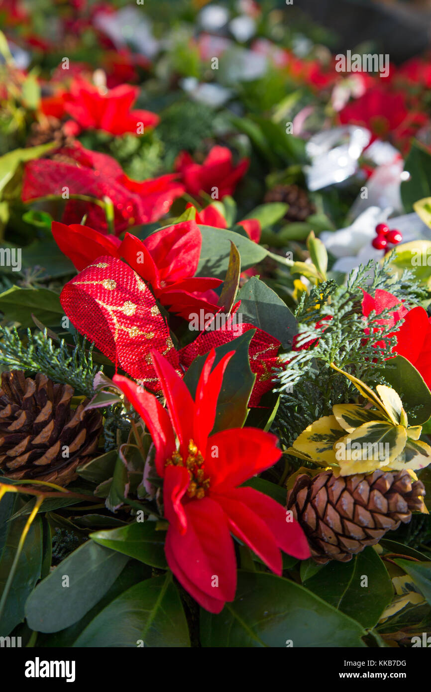 Close up of Christmas floral decorations ready for sale at the annual ...