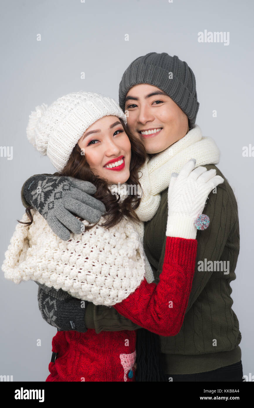 Happy young hipster couple hugging. Cold season. Romantic mood Stock ...