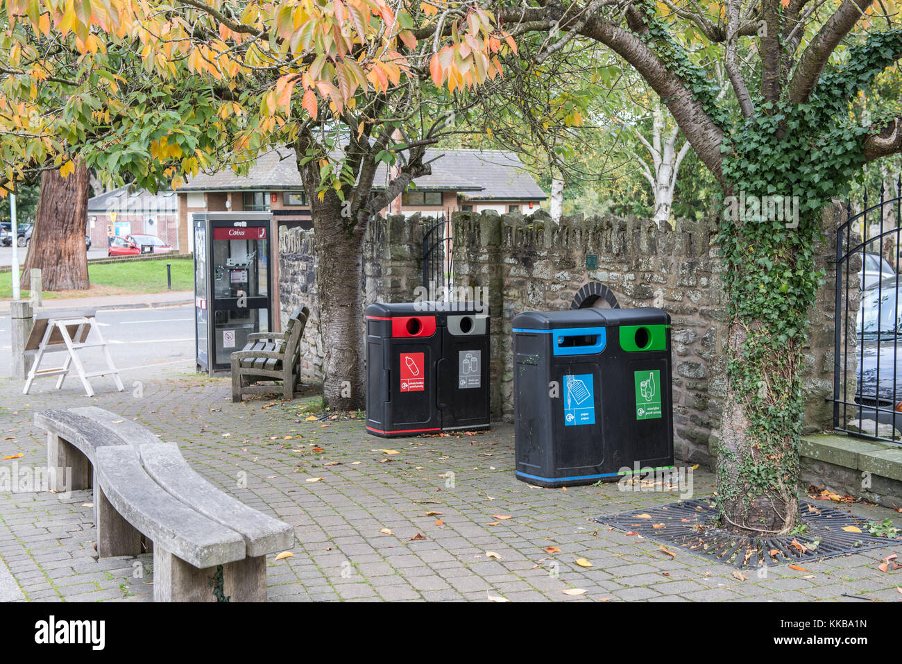 Recycling bins on a pavement in Builth Wells, Powys, Wales, UK Stock ...