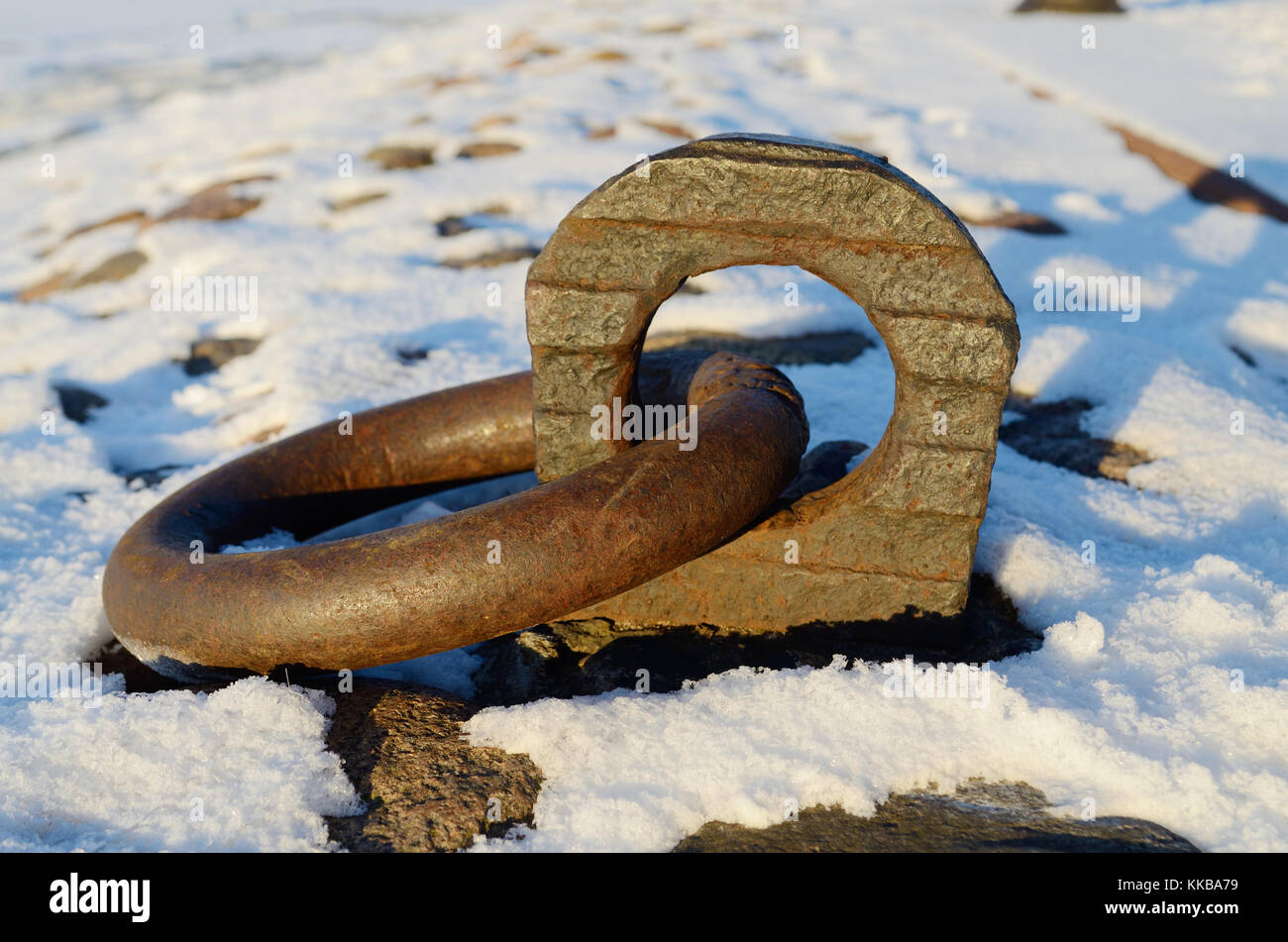 Forged ring on the waterfront of the river.To it is attached the ship ...