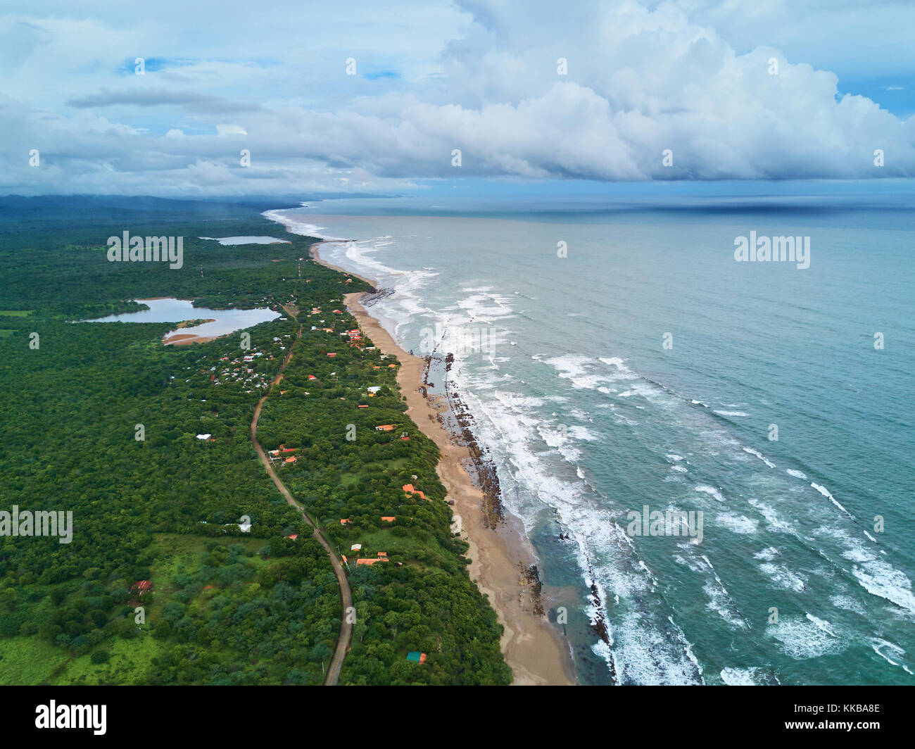 Overcast weather in ocean coastline aerial view. Panorama of pacific ...
