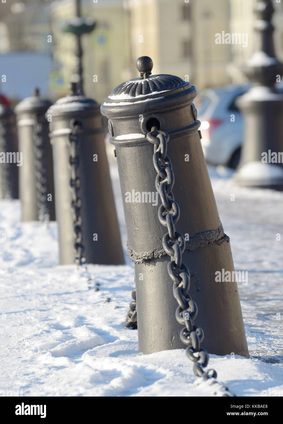 Protective pillars with chain exhibited along the city waterfront Stock ...