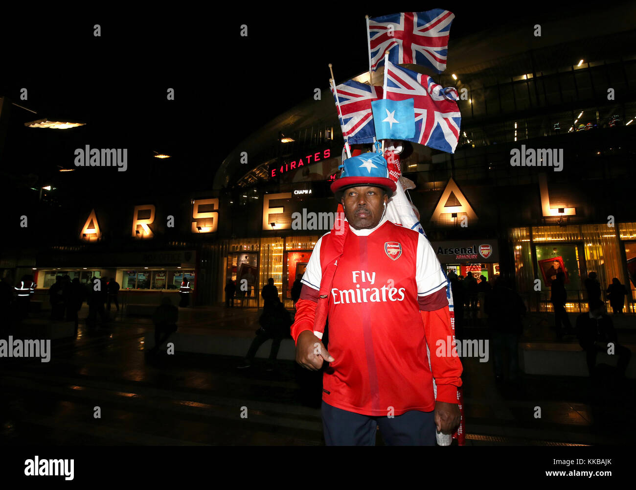 An Arsenal fan outside the Emirates Stadium during the Premier League ...