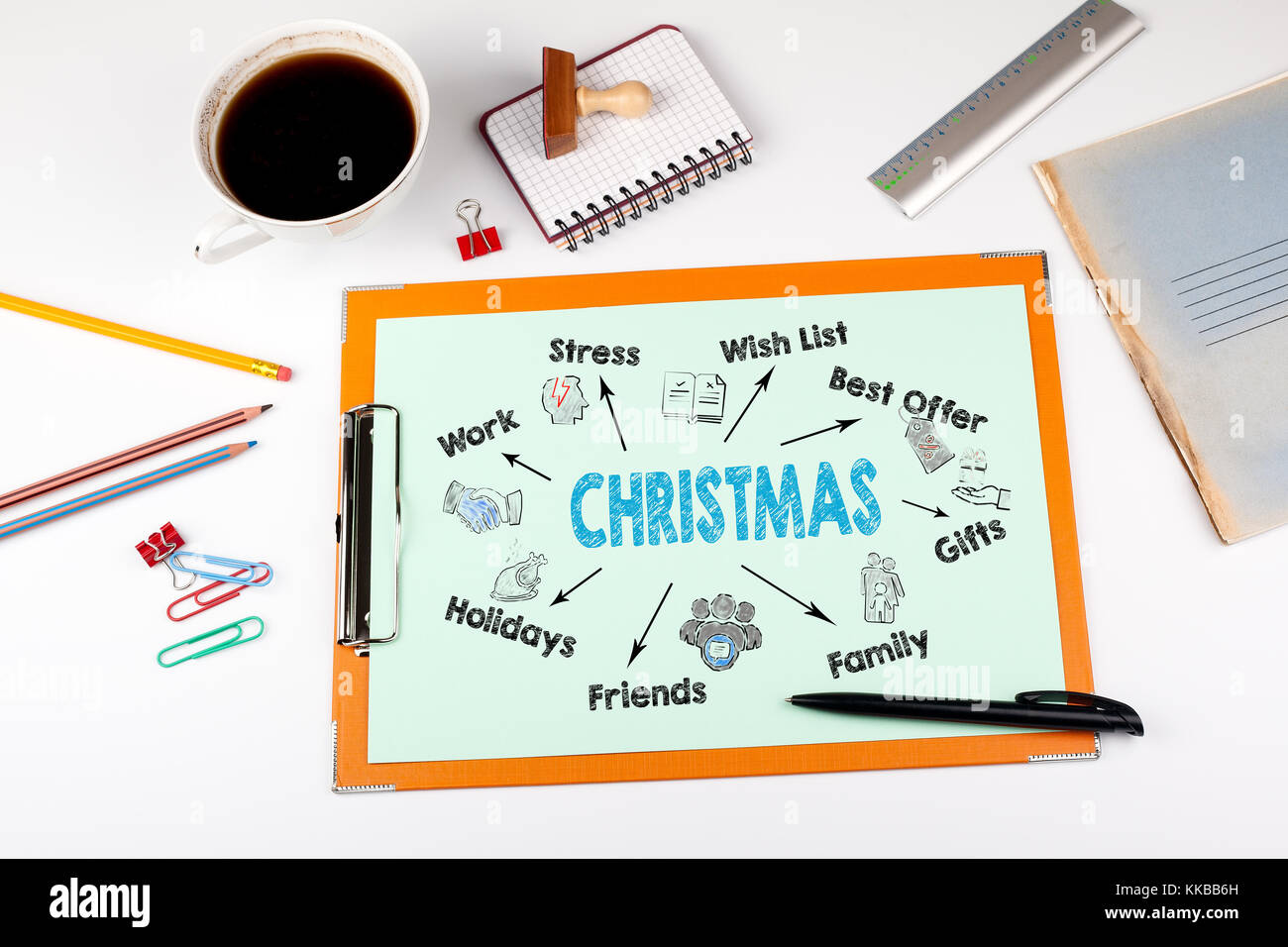 Christmas Concept. Chart with keywords and icons. Office desk with ...