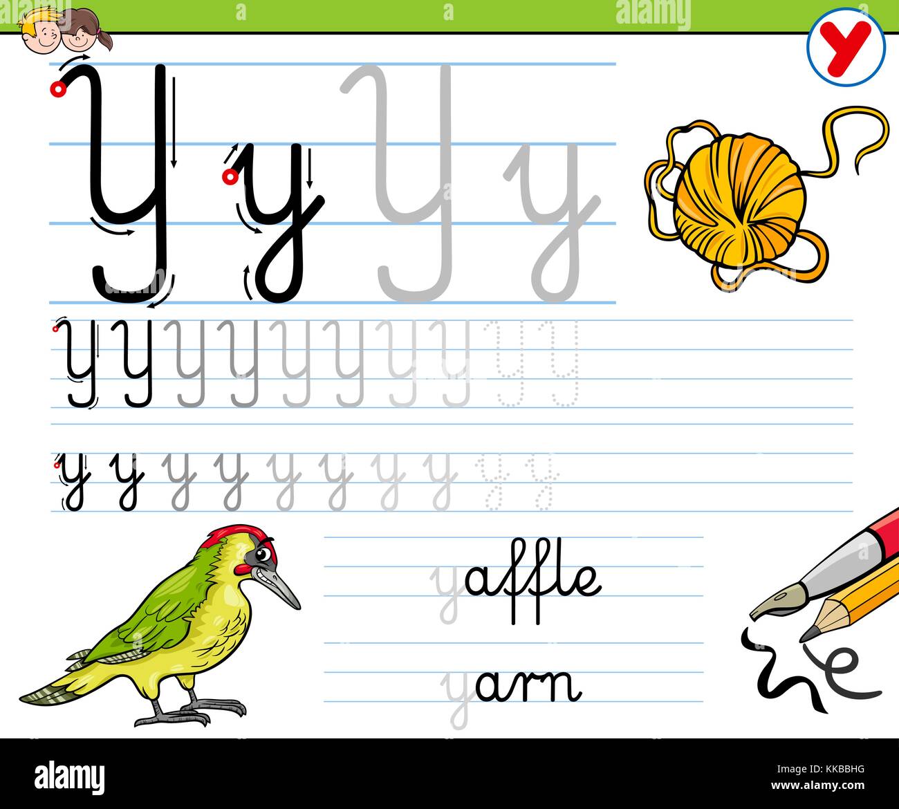 Cartoon Illustration of Writing Skills Practice with Letter Y Worksheet ...
