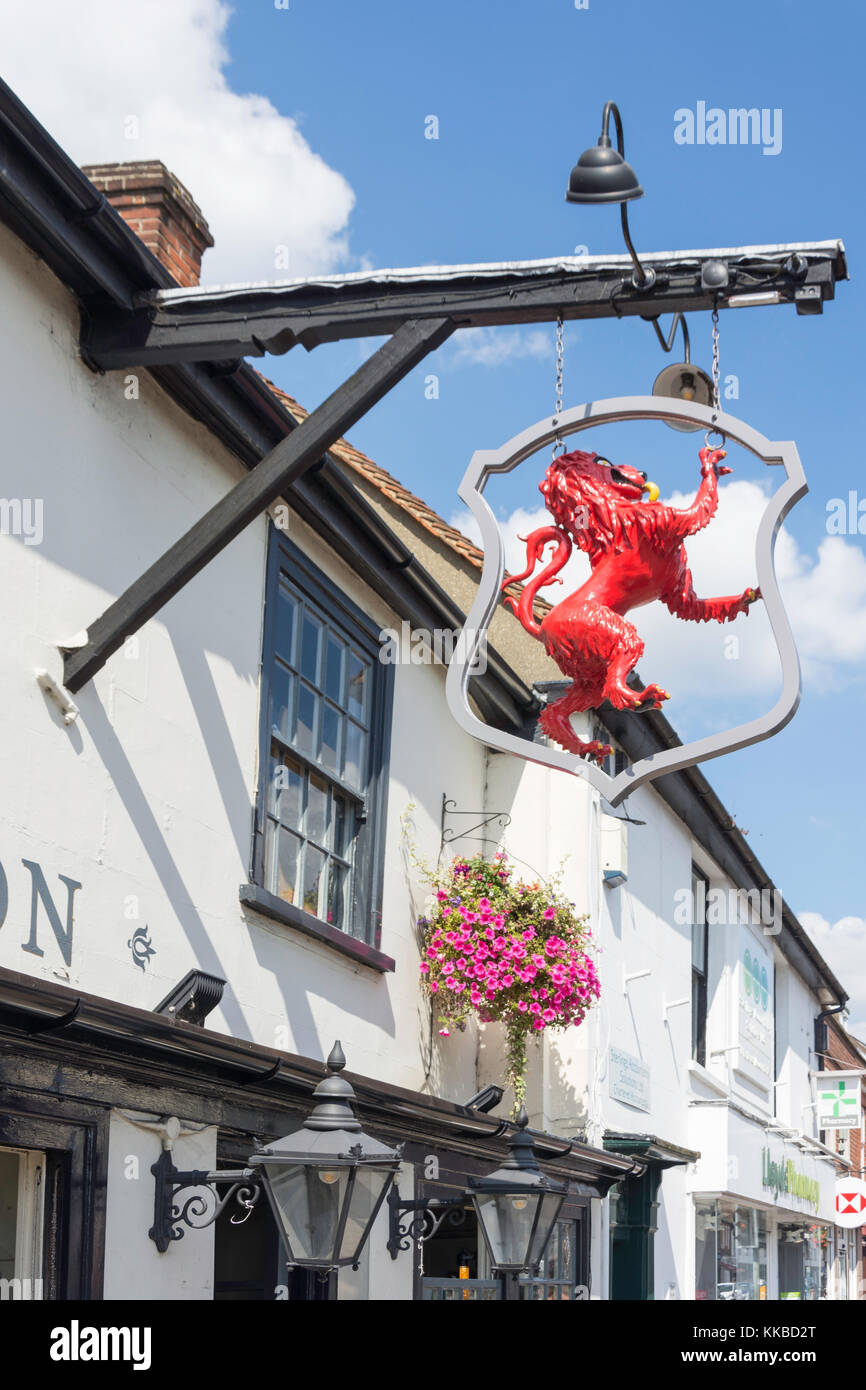 Pub sign on The 15th century Red Lion Inn, High Street, Billericay ...