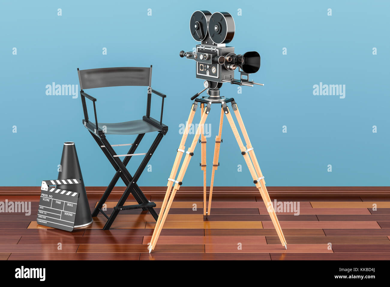 Cinema concept. Movie camera with film reels, chair, megaphone and ...