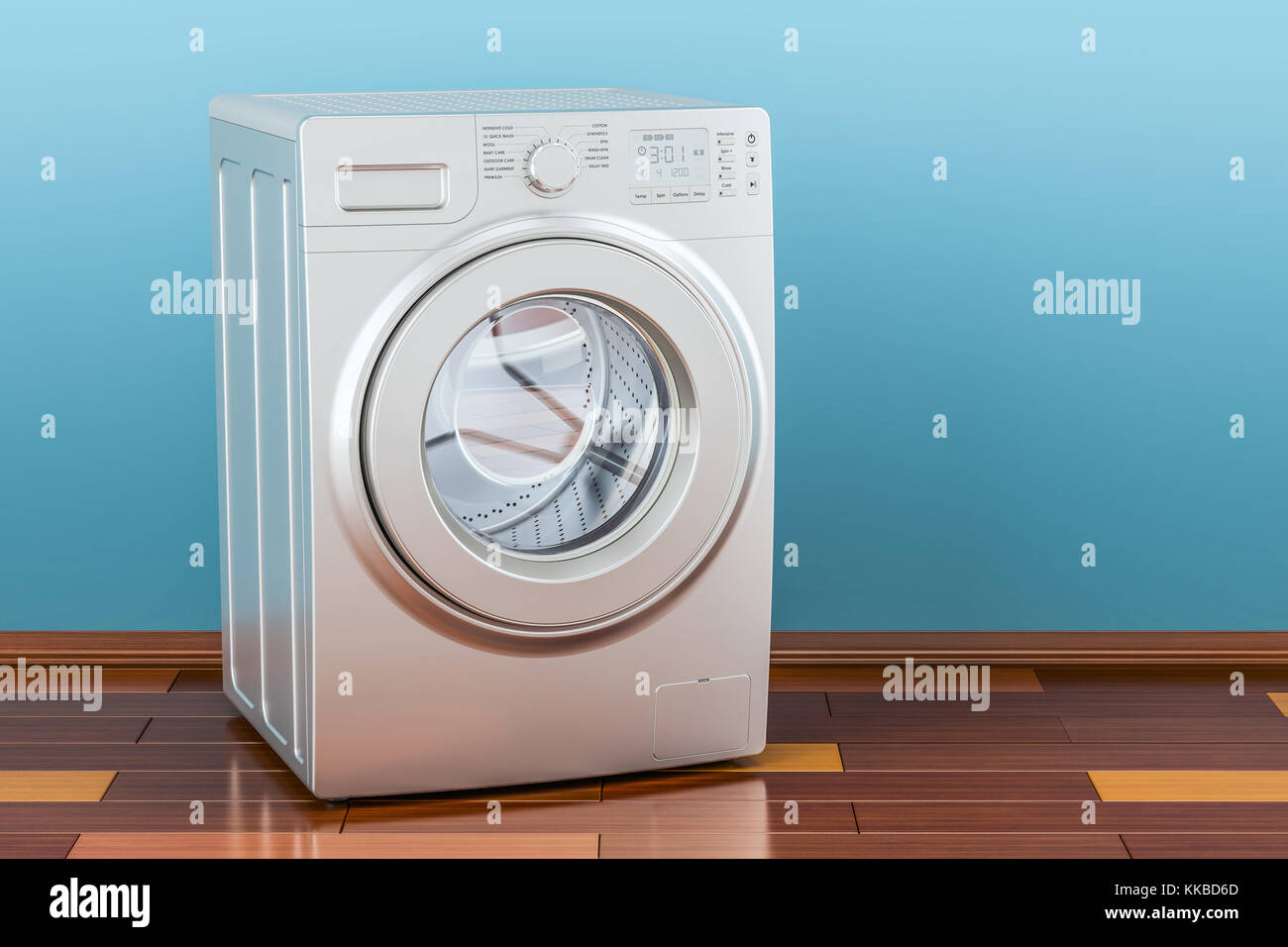 Modern washing machine in room on the wooden floor, 3D rendering Stock ...