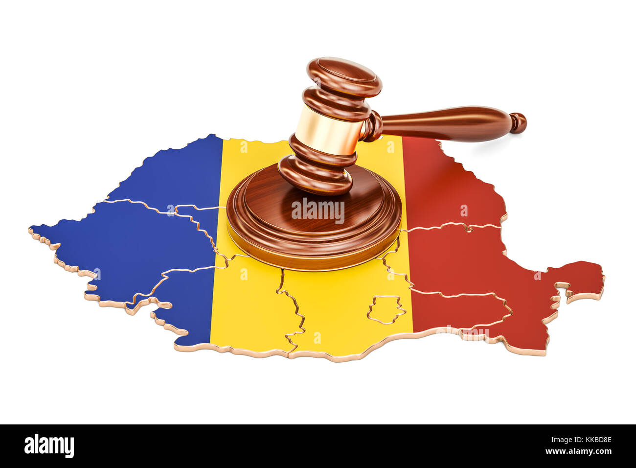 Wooden Gavel on map of Romania, 3D rendering isolated on white ...