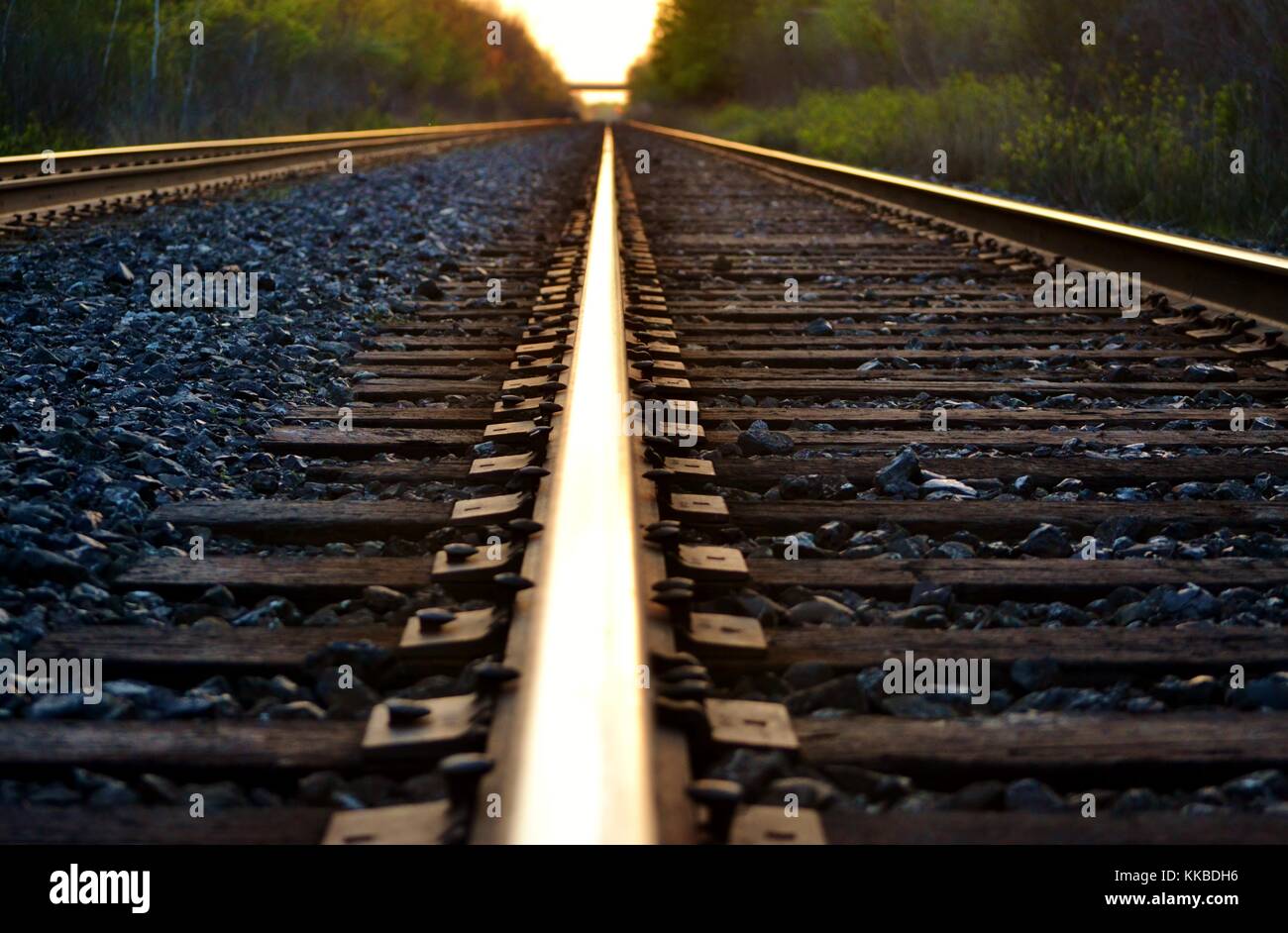 Train tracks that lead to a sunset gold Stock Photo - Alamy