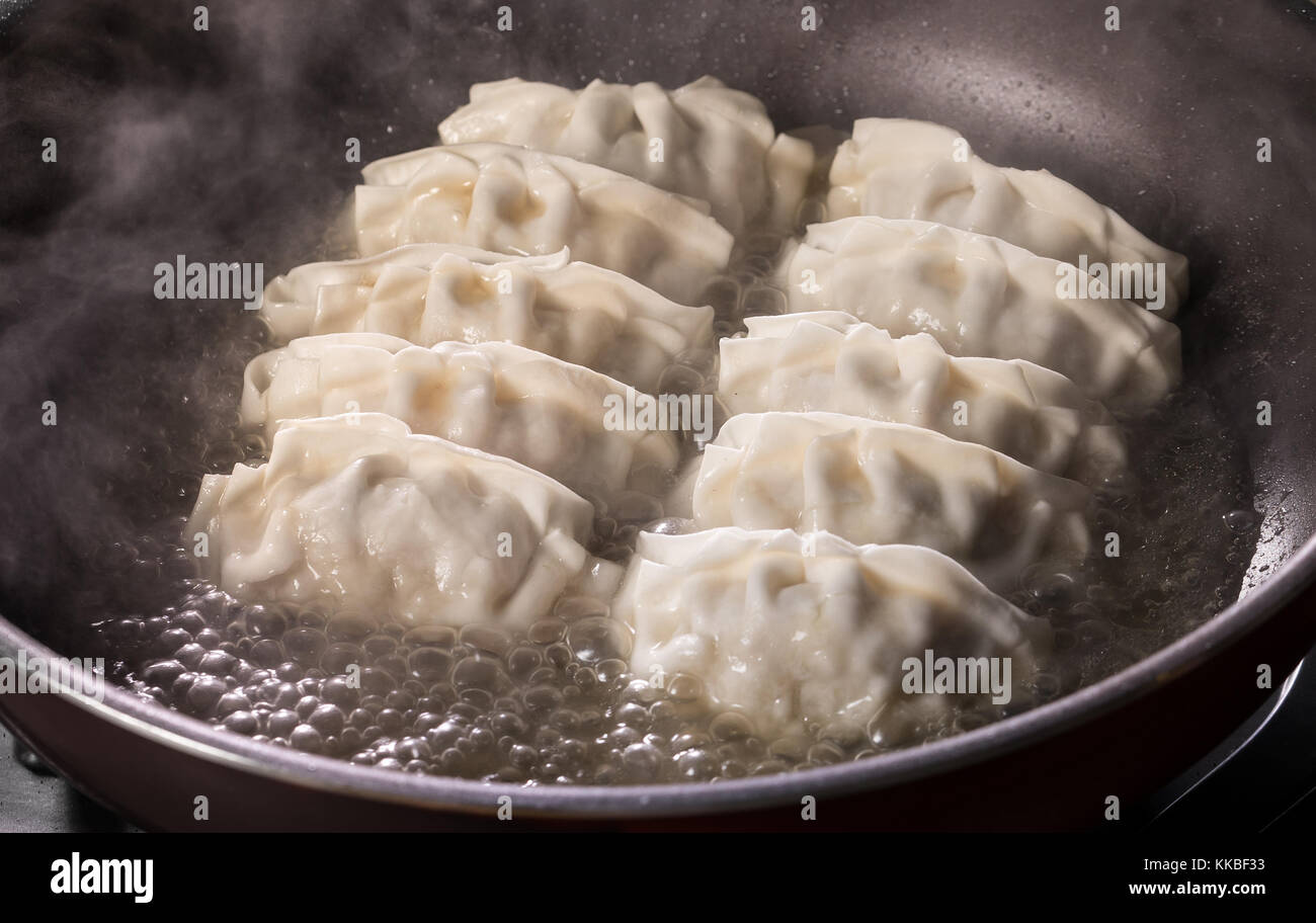 Japanese Gyoza dumplings being cooked in a pan Stock Photo - Alamy