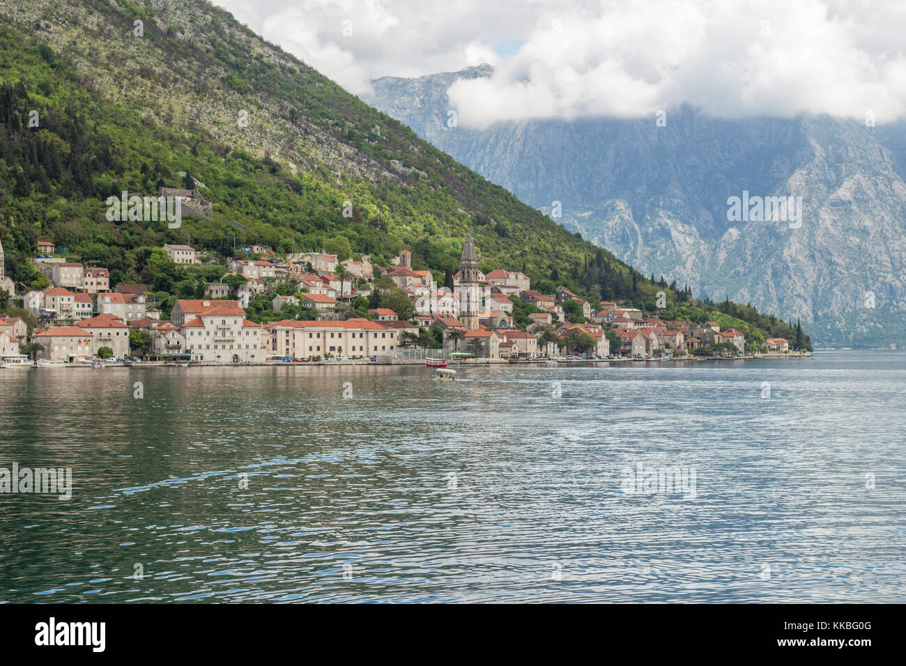 Village of Perast, Montenegro taken from a boat sailing in the Bay of ...