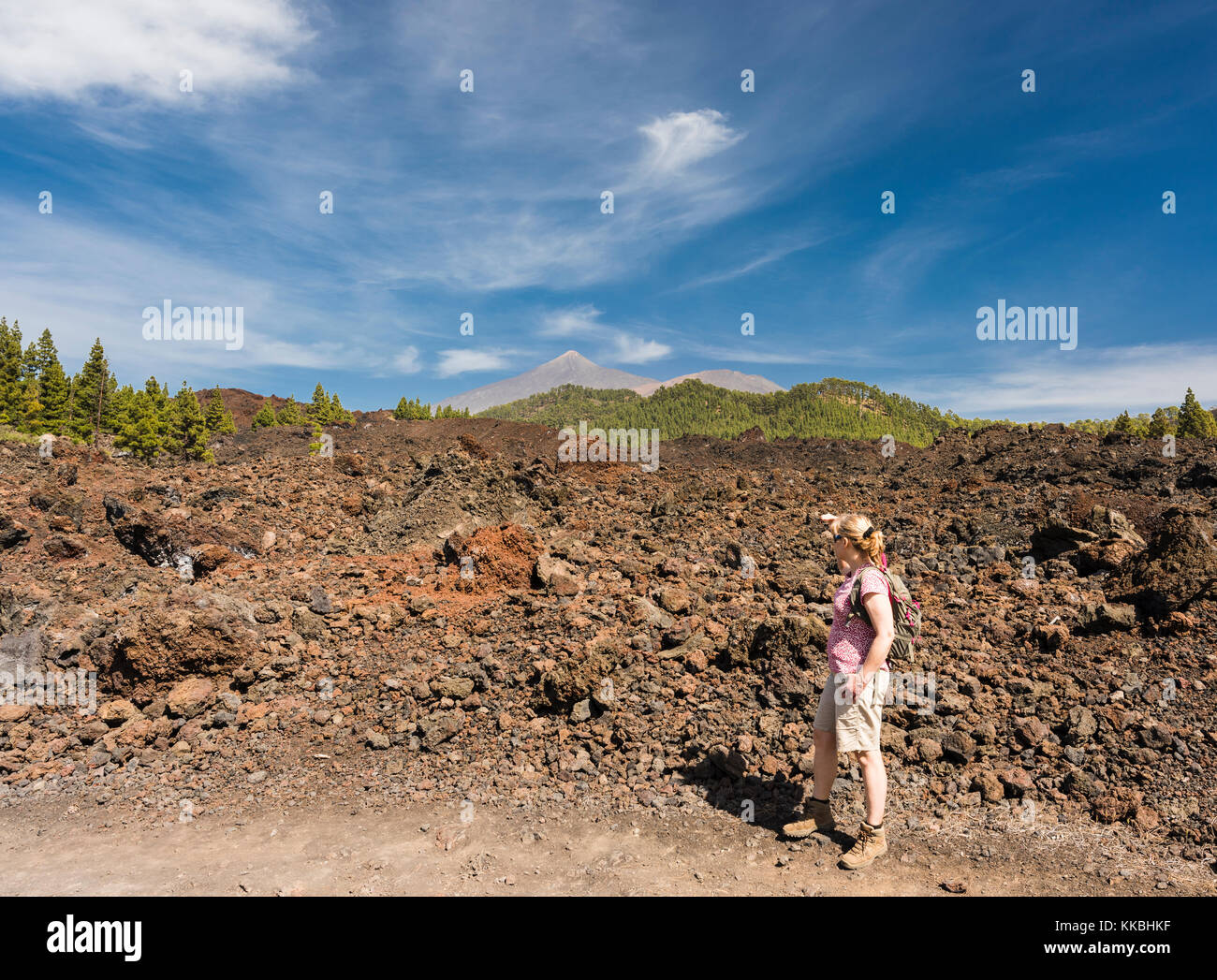 Female tourist looking across the 1909 basaltic aa lava flow of Montana ...