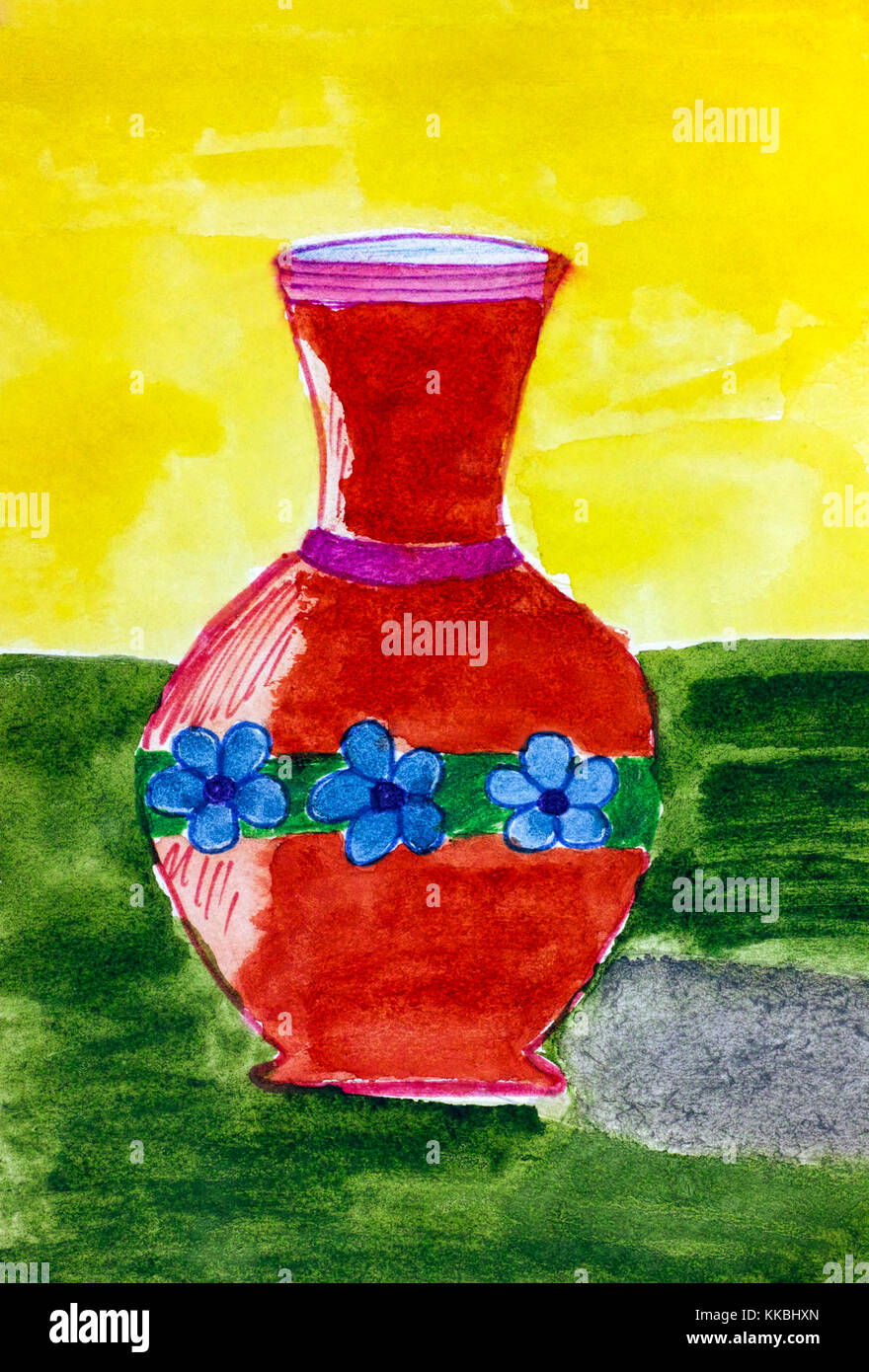 Red vase with flower ornament. Child watercolour hand drawing Stock ... Red vase with flower ornament. Child watercolour hand drawing Stock ...