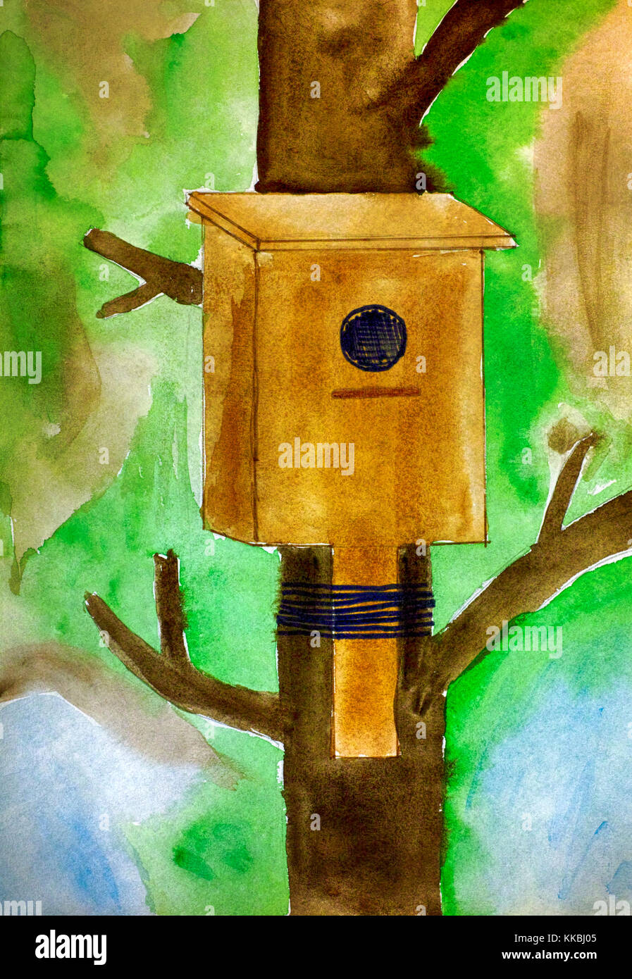 Birdhouse on a tree. Child watercolour hand drawing Stock Photo - Alamy