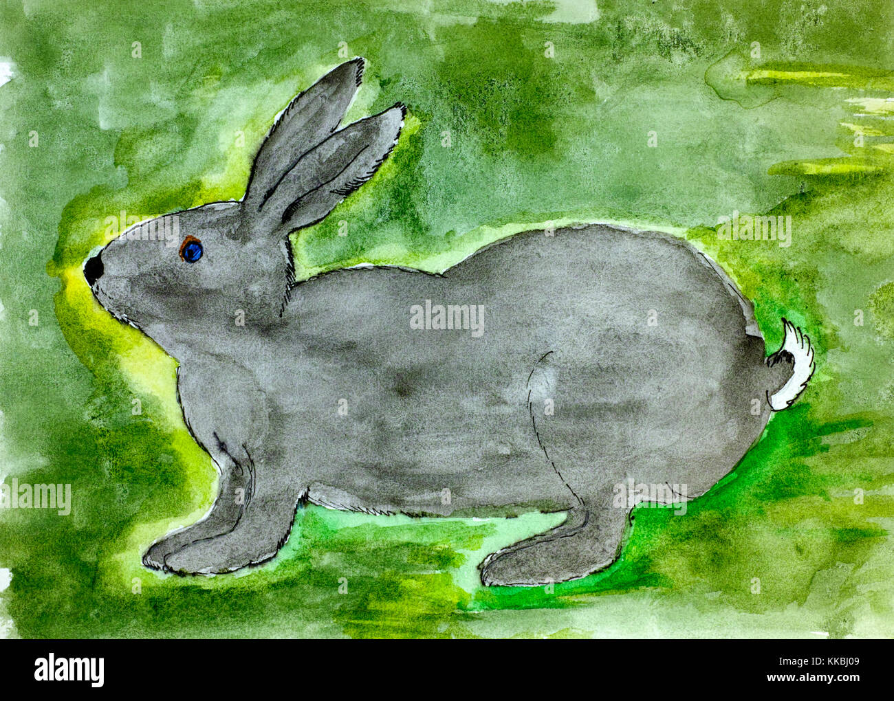Gray rabbit on green background. Child watercolour hand drawing Stock ... Gray rabbit on green background. Child watercolour hand drawing Stock ...