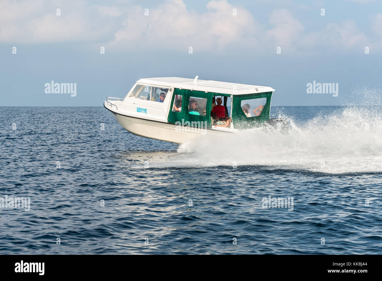 Maafushi Island, Maldives - November 17, 2017: Tourist speedboat fast ...