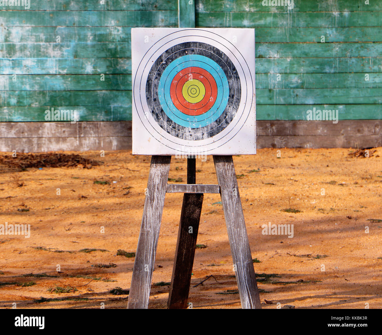 Close up of archery target on green wooden boards background Stock ...