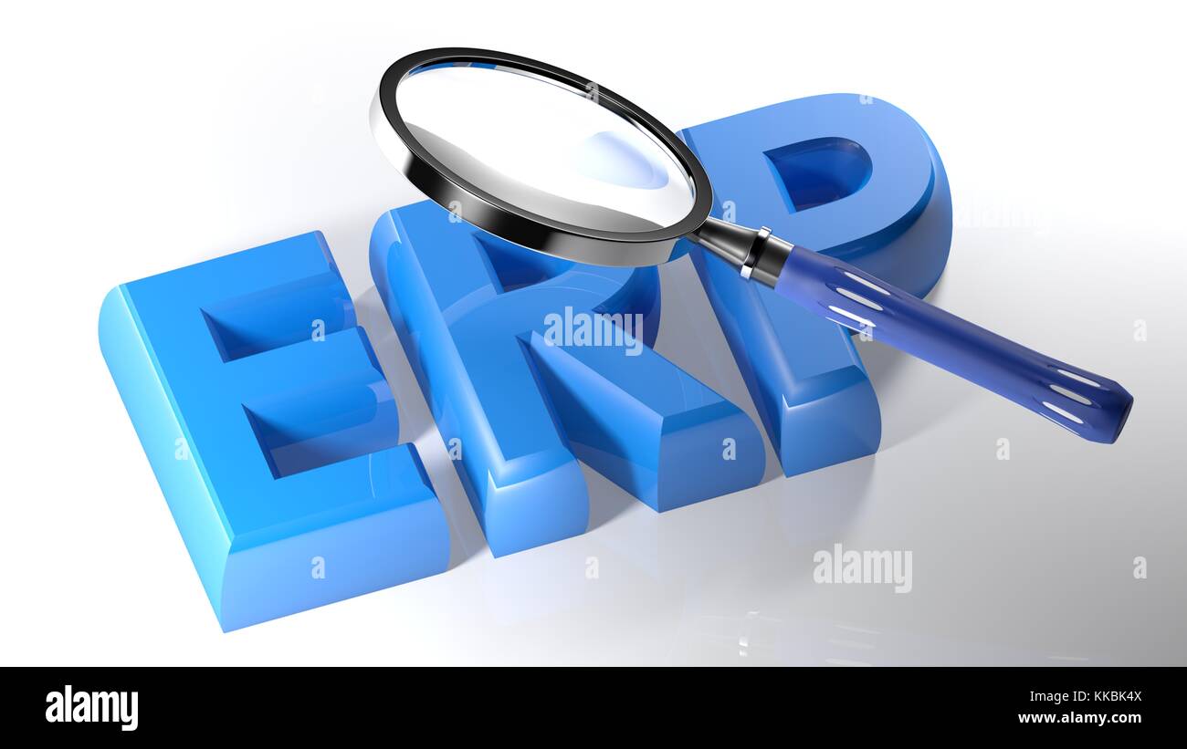 Magnifier on blue ERP - 3D rendering Stock Photo - Alamy