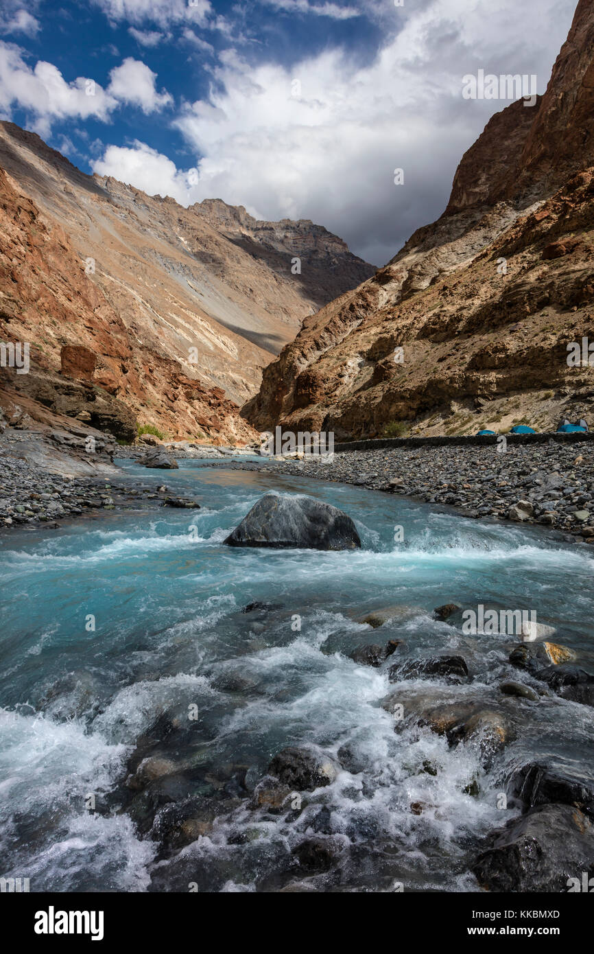 The clear waters of the MARKHA RIVER feeds into the ZANSKAR RIVER ...