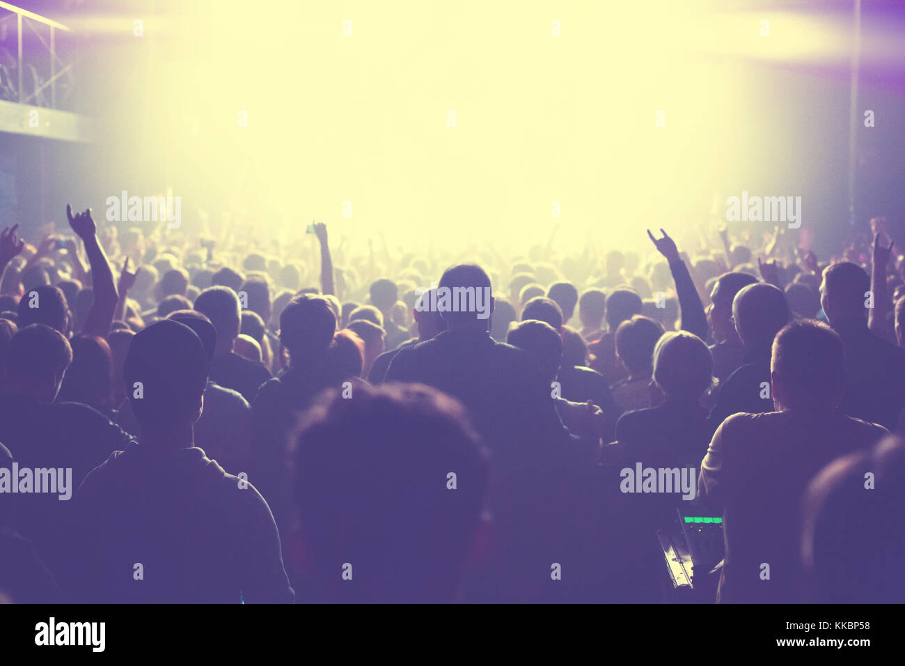 The audience watching the concert on stage in big concert club Stock ...