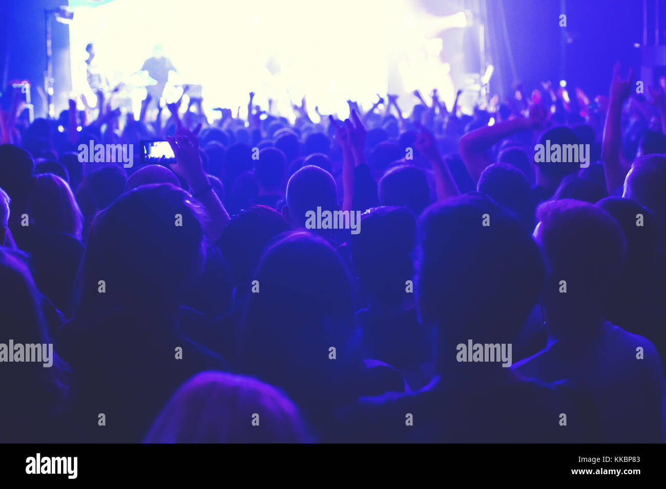 The audience watching the concert on stage in big concert club Stock ...