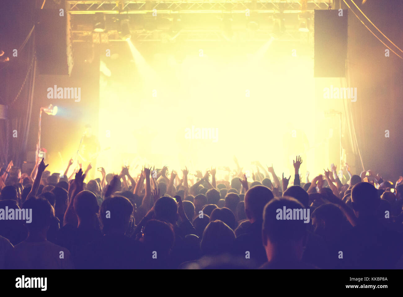 The audience watching the concert on stage in big concert club Stock ...