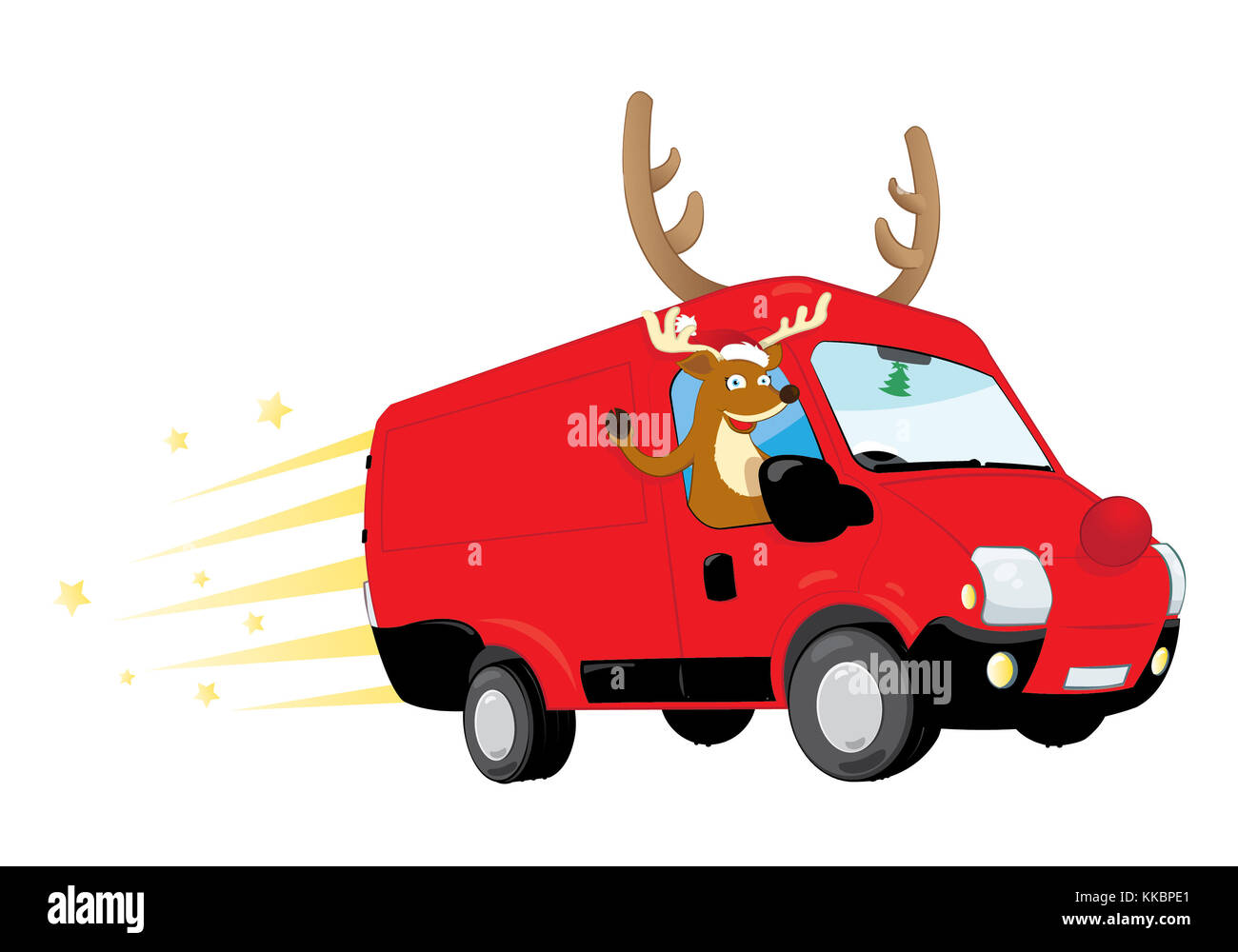 Funny Christmas Reindeer driving a red van and delivering presents ...